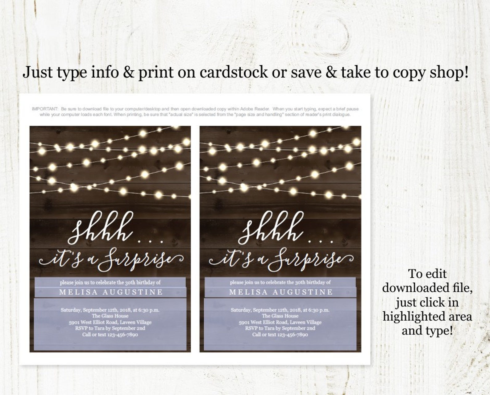 Surprise Party Invitation Template Printable Rustic Birthday - Etsy