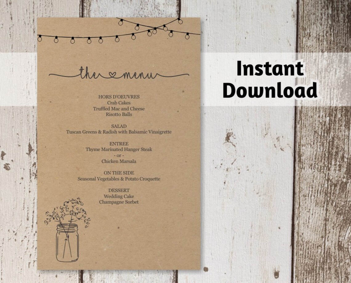 Printable Wedding Menu Template Rustic Bar Menu Mason Jar | Etsy