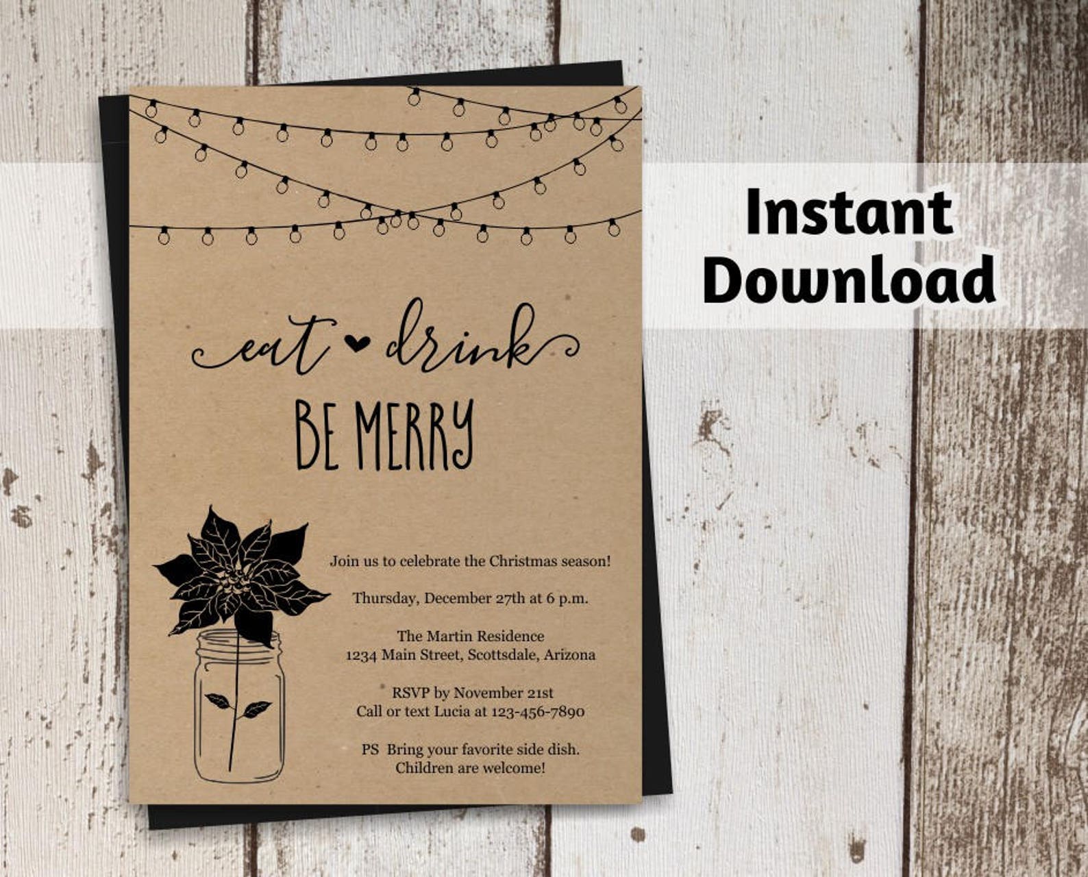 Printable Christmas Party Invitation Template Rustic Kraft - Etsy