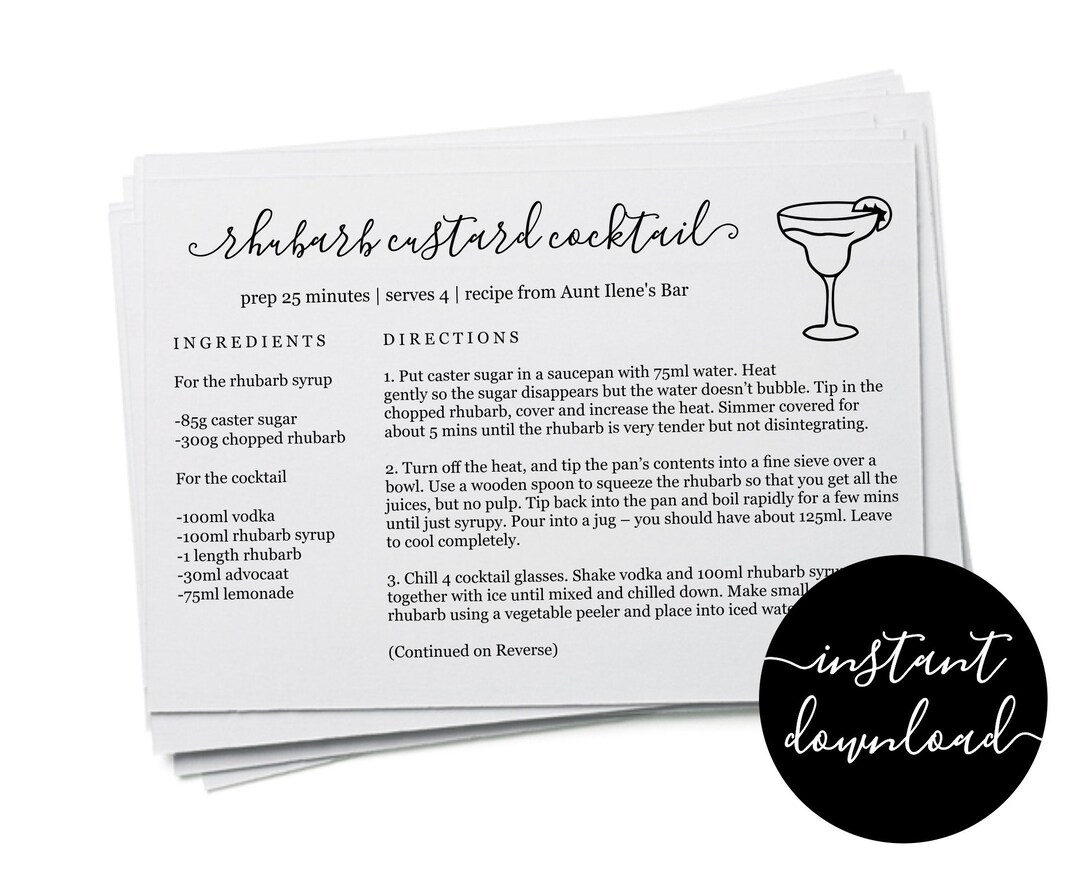 Editable Cocktail Recipe Card Template - Printable Bar Drink Recipe ...