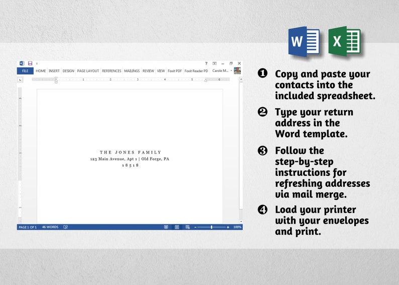 Mail Merge Address Template for Envelopes Microsoft Word - Etsy