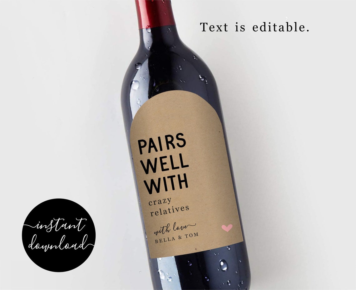 Printable Pairs Well With Wine Label Template, Funny Birthday Christmas ...
