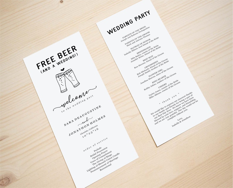 Funny Wedding Program Template Fun Free Beer and a Wedding | Etsy