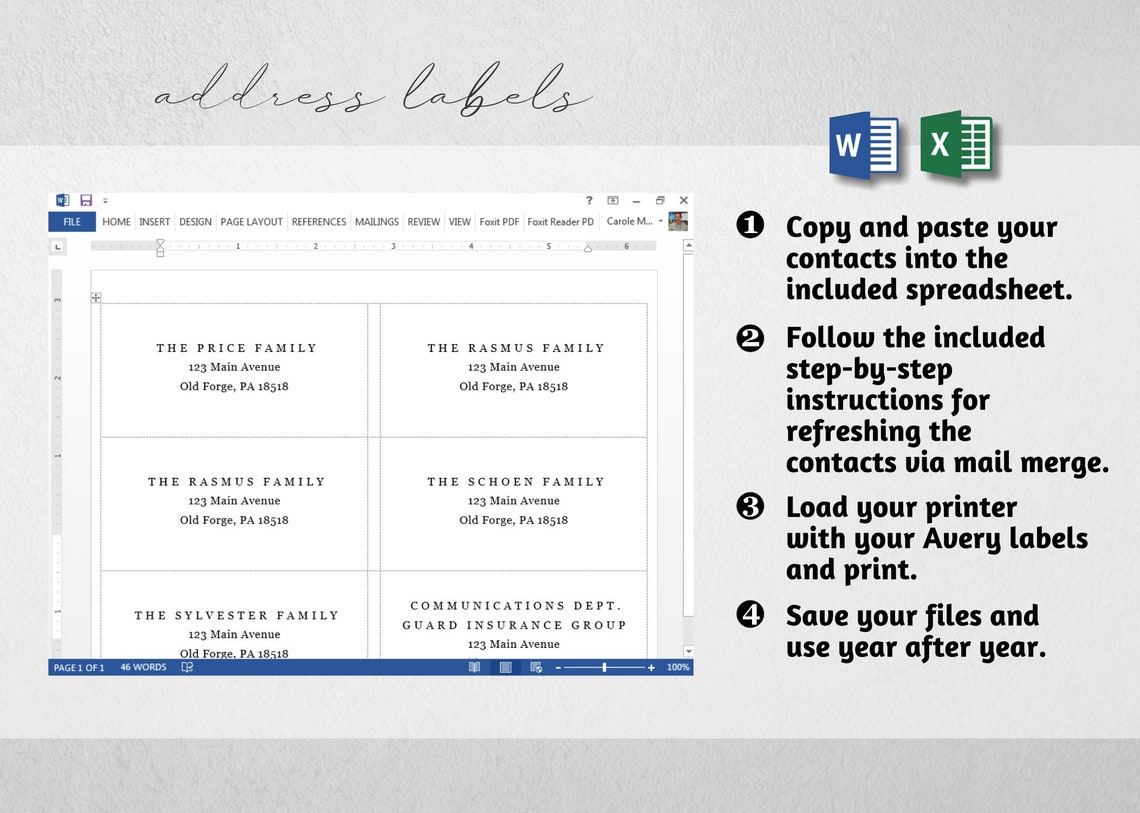 Mail Merge Address Label Template Avery 2 X 4 - Etsy