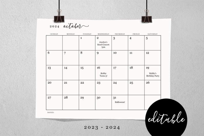 Editable Monthly Calendar Template Printable 2023 and 2024 - Etsy