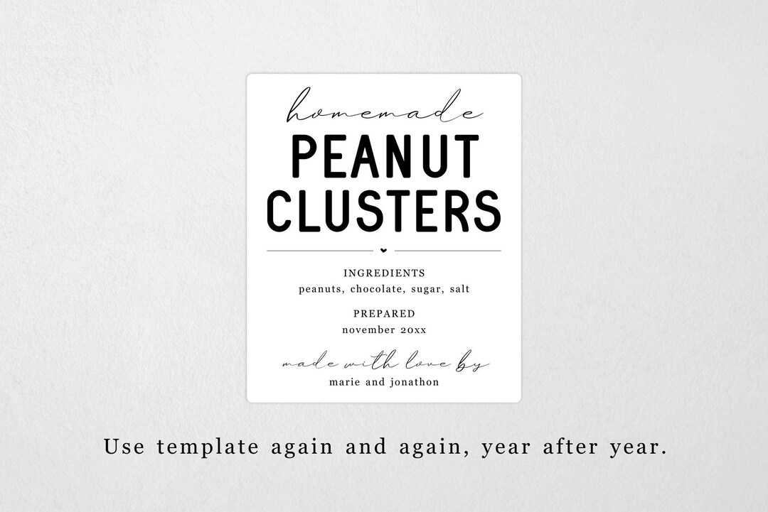 Homemade Peanut Clusters Label Template - Printable Gift Sticker ...