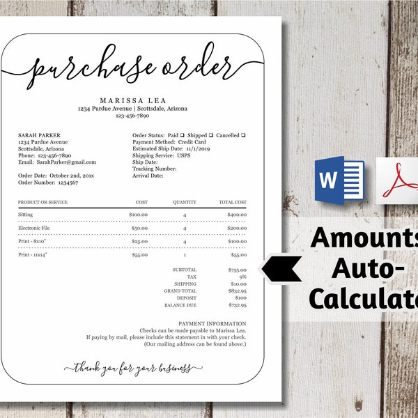 Word Purchase Order Template - Etsy