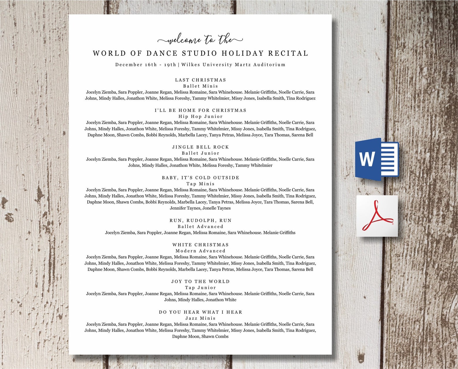 Dance Recital Program Template - Printable Piano Recital - Word, PDF ...