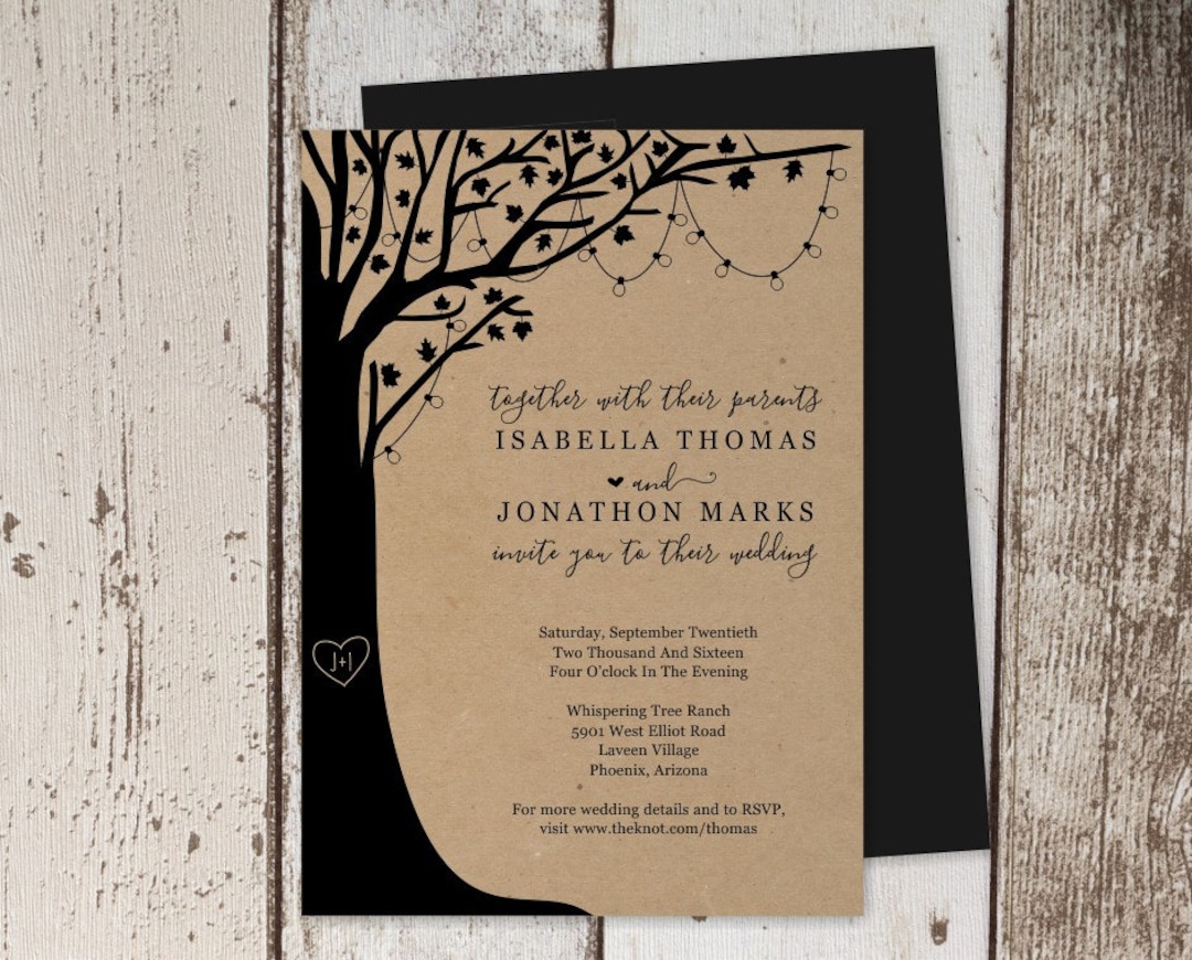 Rustic Tree Wedding Invitation Template - Carved Initials & Heart on ...