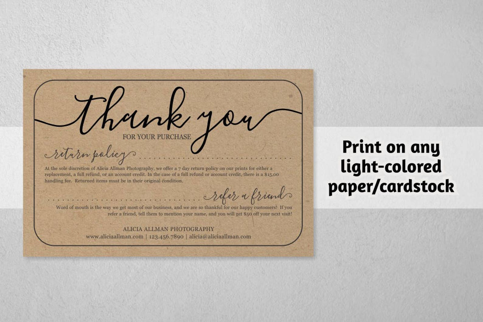 Printable Return Policy & Thank You Card Template NO COLOR - Etsy