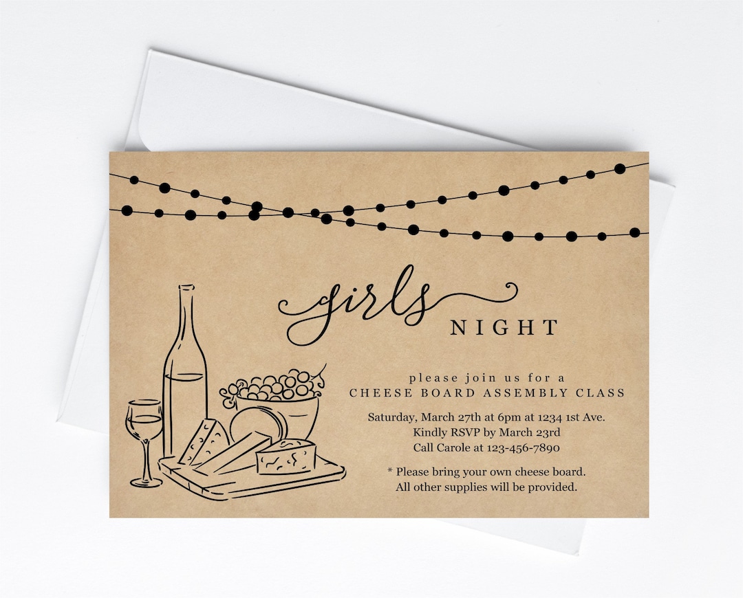 Girls' Night Invitation Template, Rustic Wine Tasting and Cheese Board ...