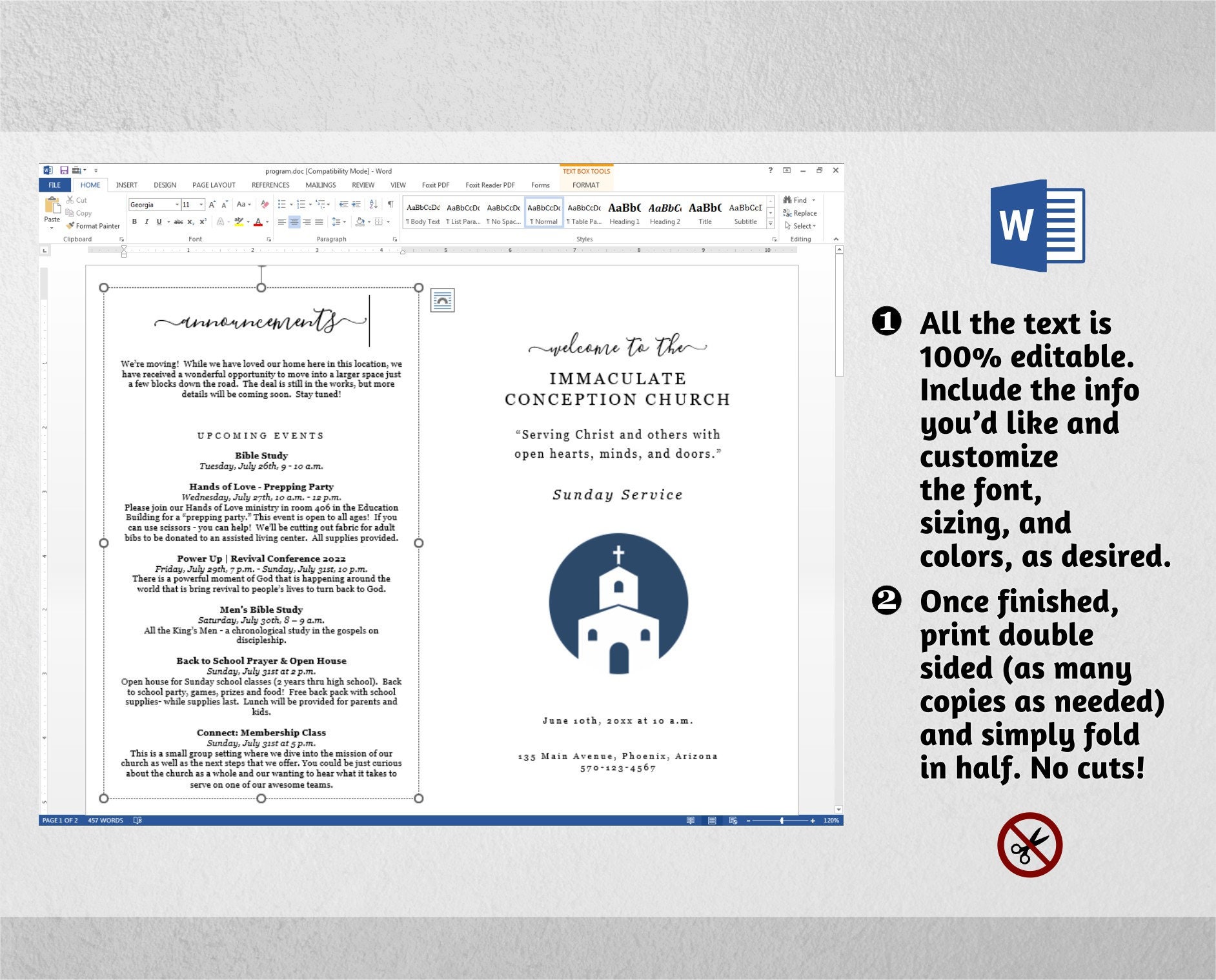 Church Bulletin Template, Printable Program Pamphlet, Editable Word Doc ...
