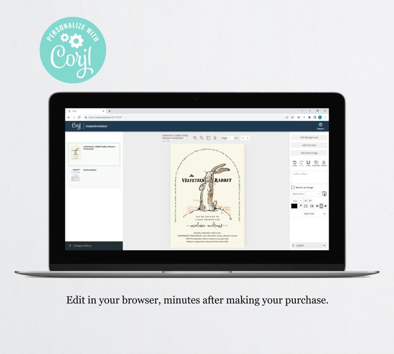 Plantilla de invitación de baby shower de conejo de pana, género neutro ...