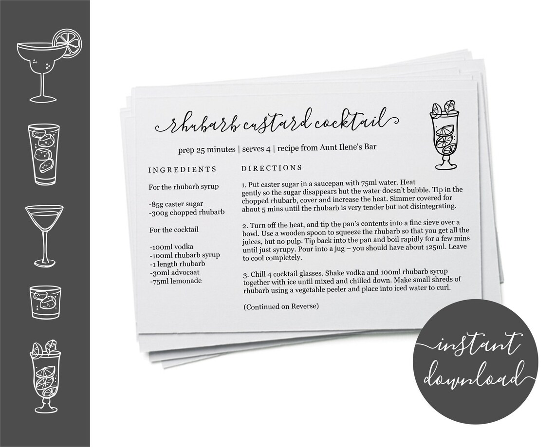 Editable Cocktail Recipe Card Template - Printable Bar Drink Recipe ...