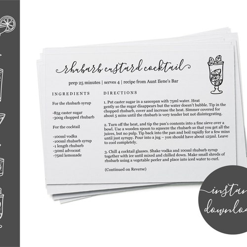 Editable Cocktail Recipe Card Template Printable Bar Drink - Etsy