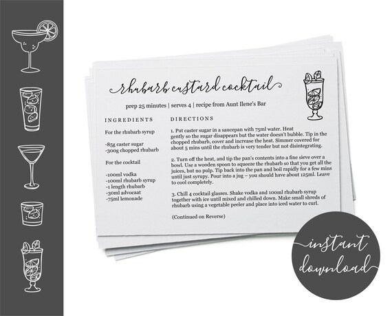 Editable Cocktail Recipe Card Template Printable Bar Drink - Etsy