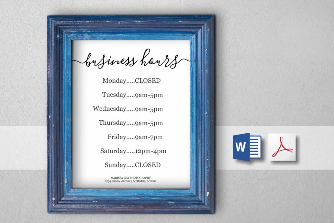 Business Hours Sign, Printable Template, Hours of Operation - Holiday ...