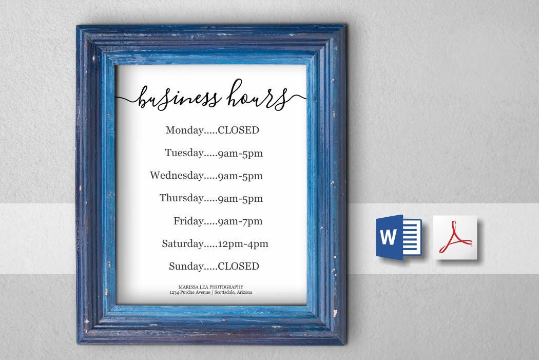 Business Hours Sign Printable Template Hours Of Operation Holiday 