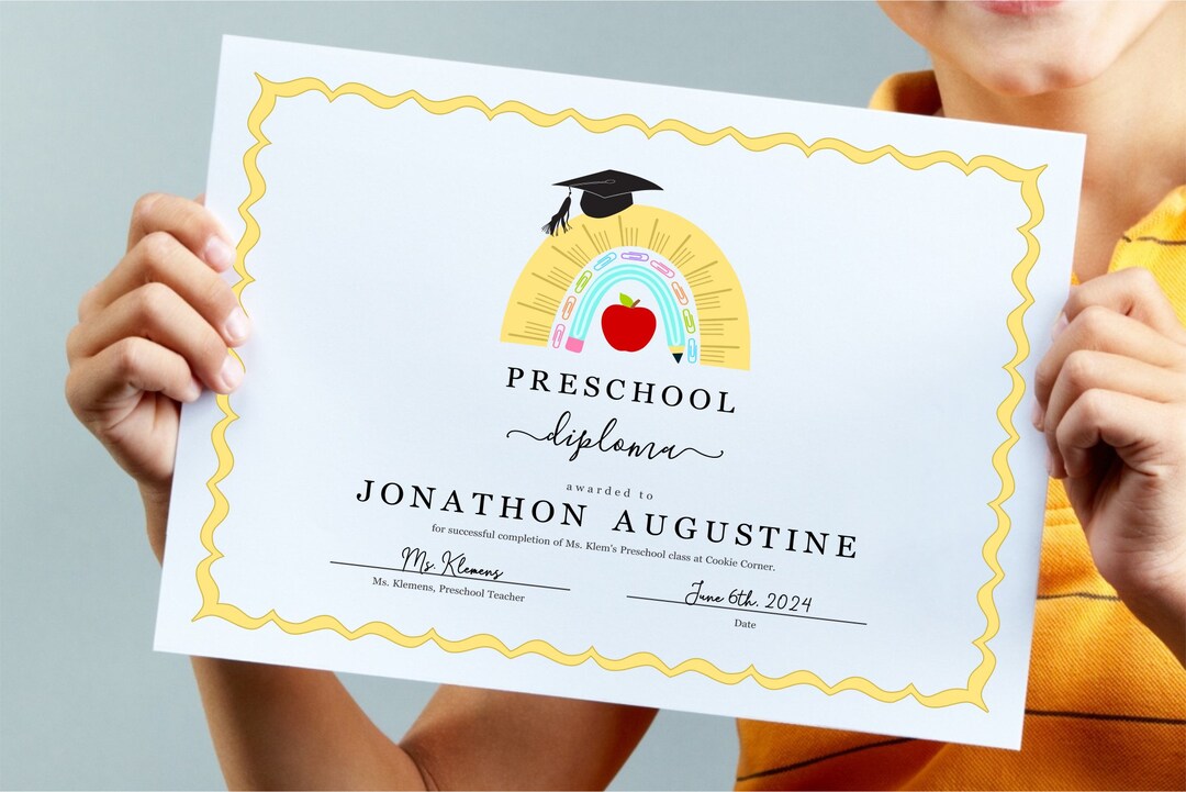 Preschool Kindergarten Diploma Template, NO CUTTING, Printable ...