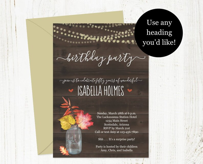 Printable Fall Birthday Invitation Template for Women / Woman Rustic ...