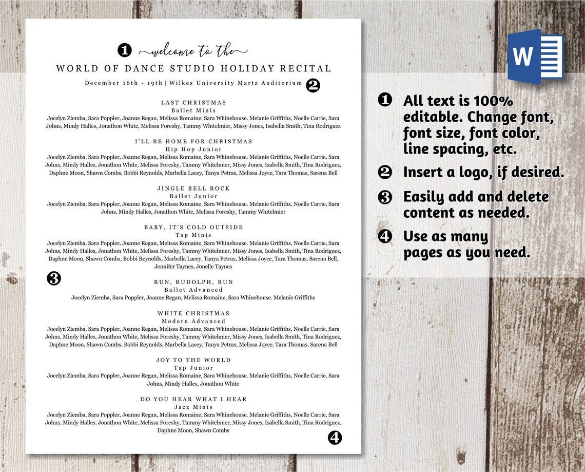 Dance Recital Program Template - Printable Piano Recital - Word, PDF ...