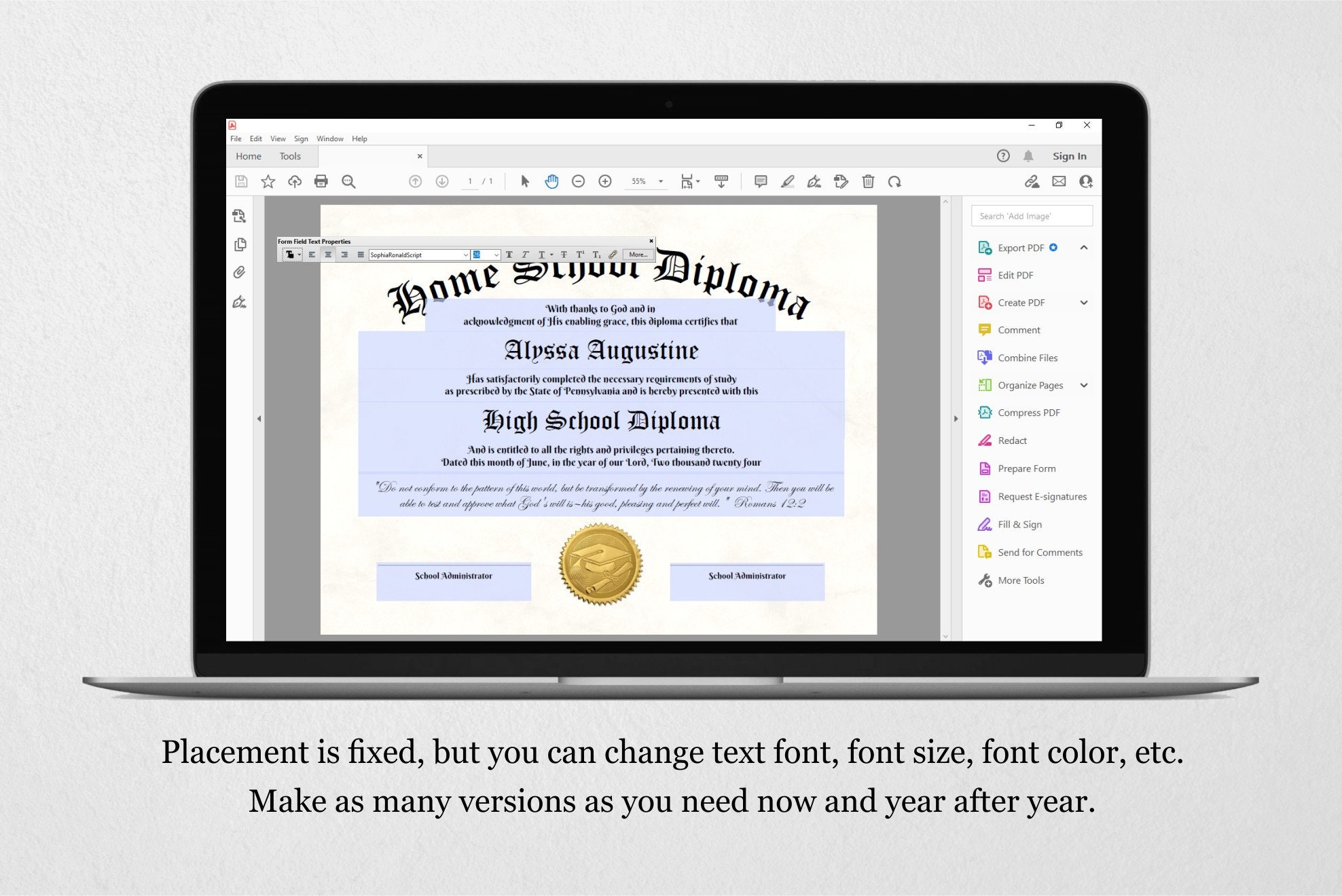 Religious Homeschool Diploma with Gold Seal, Printable Home School High ...