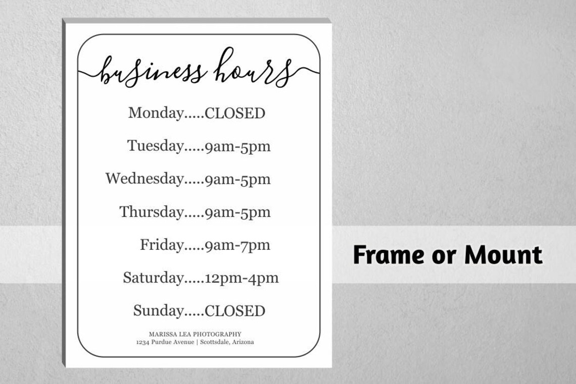 Business Hours Sign, Printable Template, Hours of Operation - Holiday ...