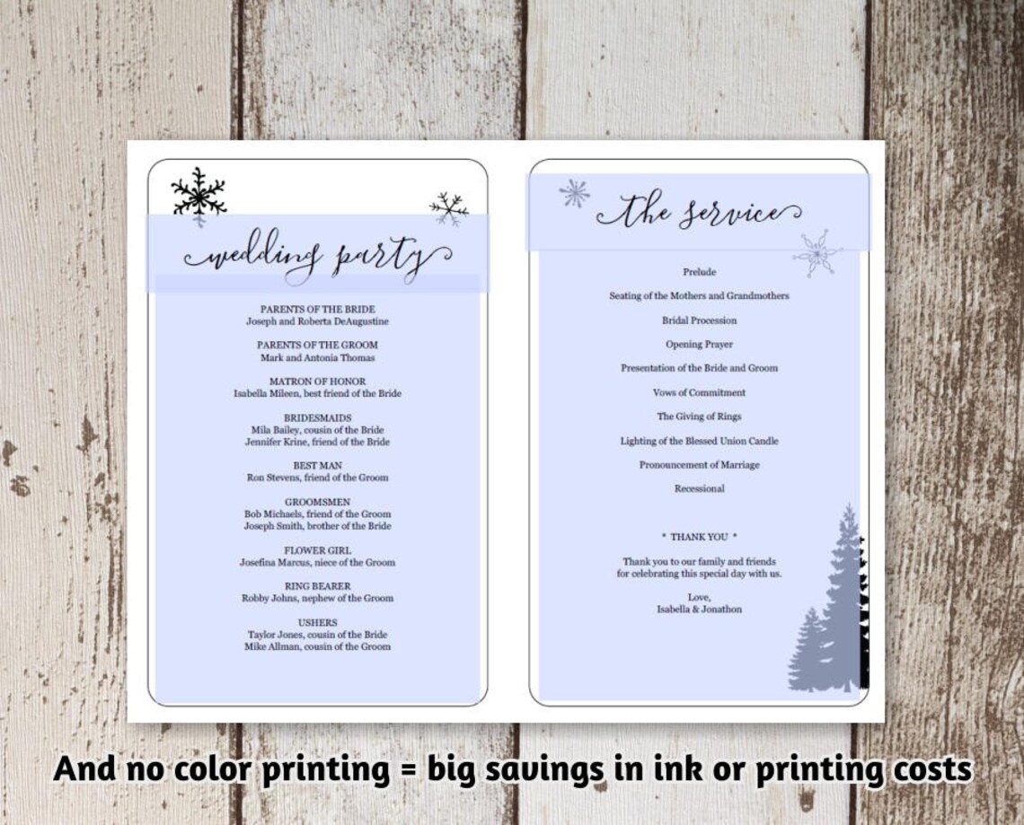 Printable Winter Wedding Program Template Folded Program - Etsy
