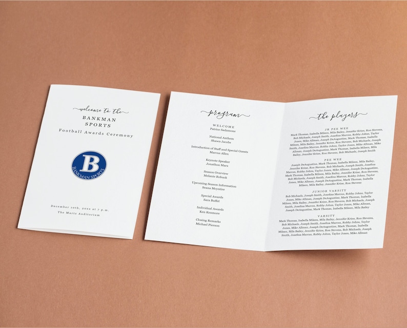 Sports Award Banquet Program Template, Printable Football Softball ...