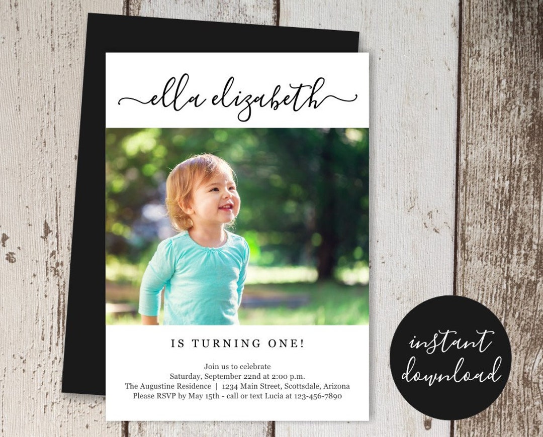 Simple Modern 1st Birthday Invitation Template, Photo / Picture First ...