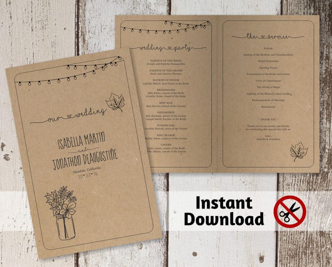 Printable Fall Wedding Program Template Folded Program - Etsy