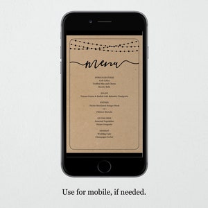 Printable Wedding Menu Template Rustic String Lights, Calligraphy Bar ...