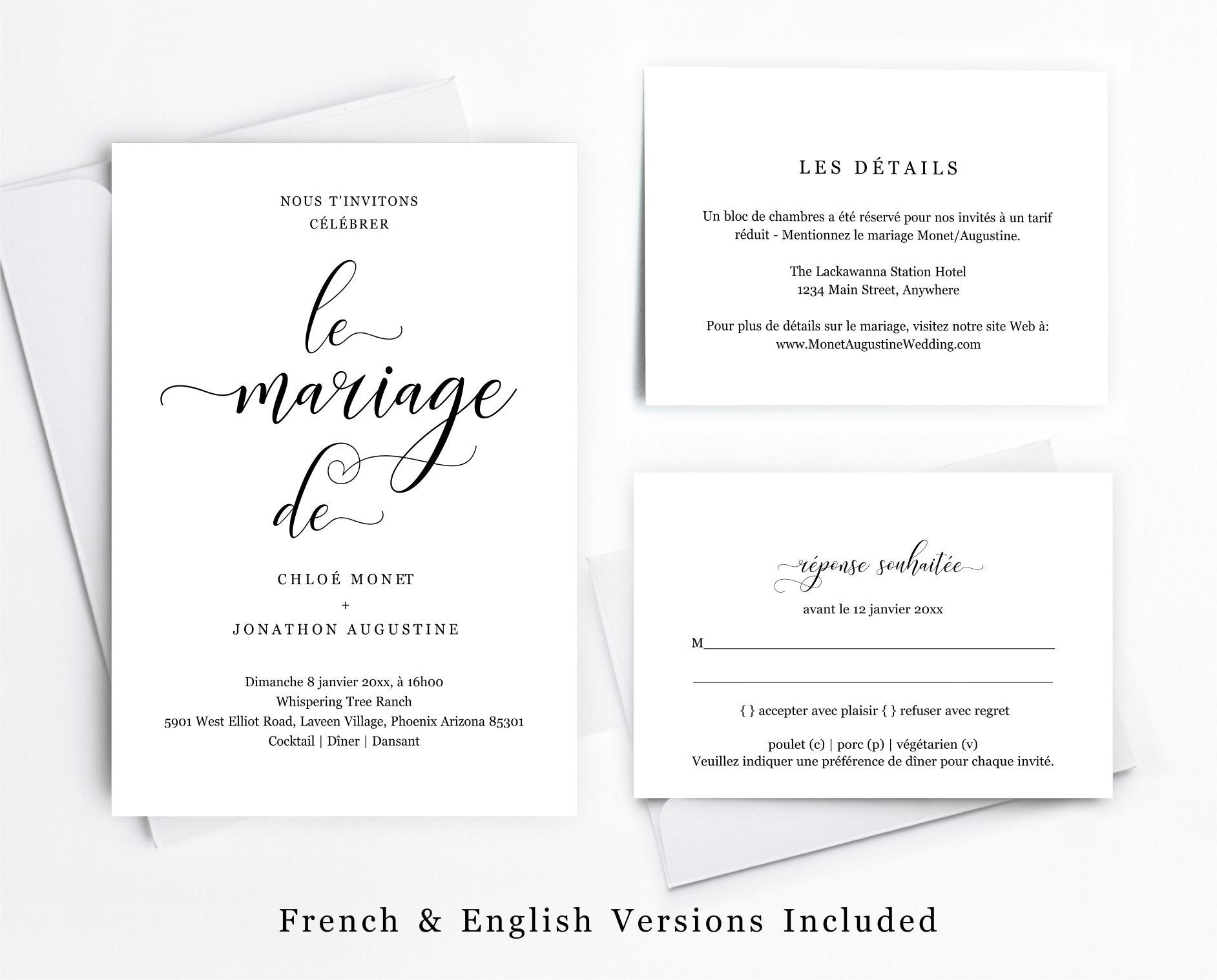 French Wedding Invitation Template Printable Bilingual Invite RSVP 