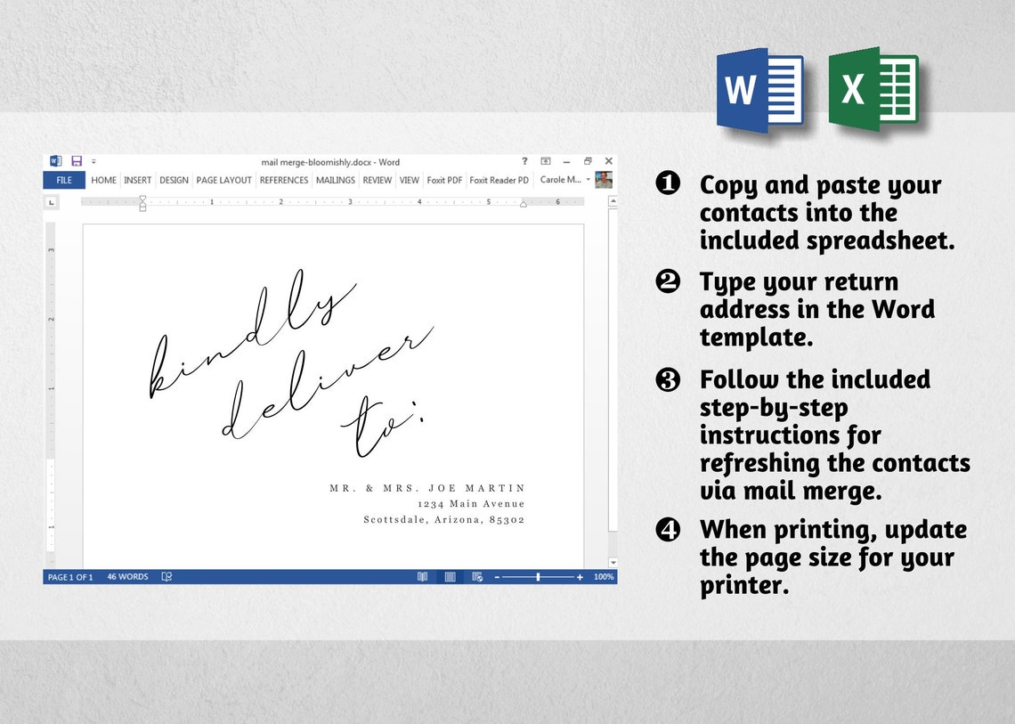 Wedding Address Envelope Template Microsoft Word Mail Merge - Etsy