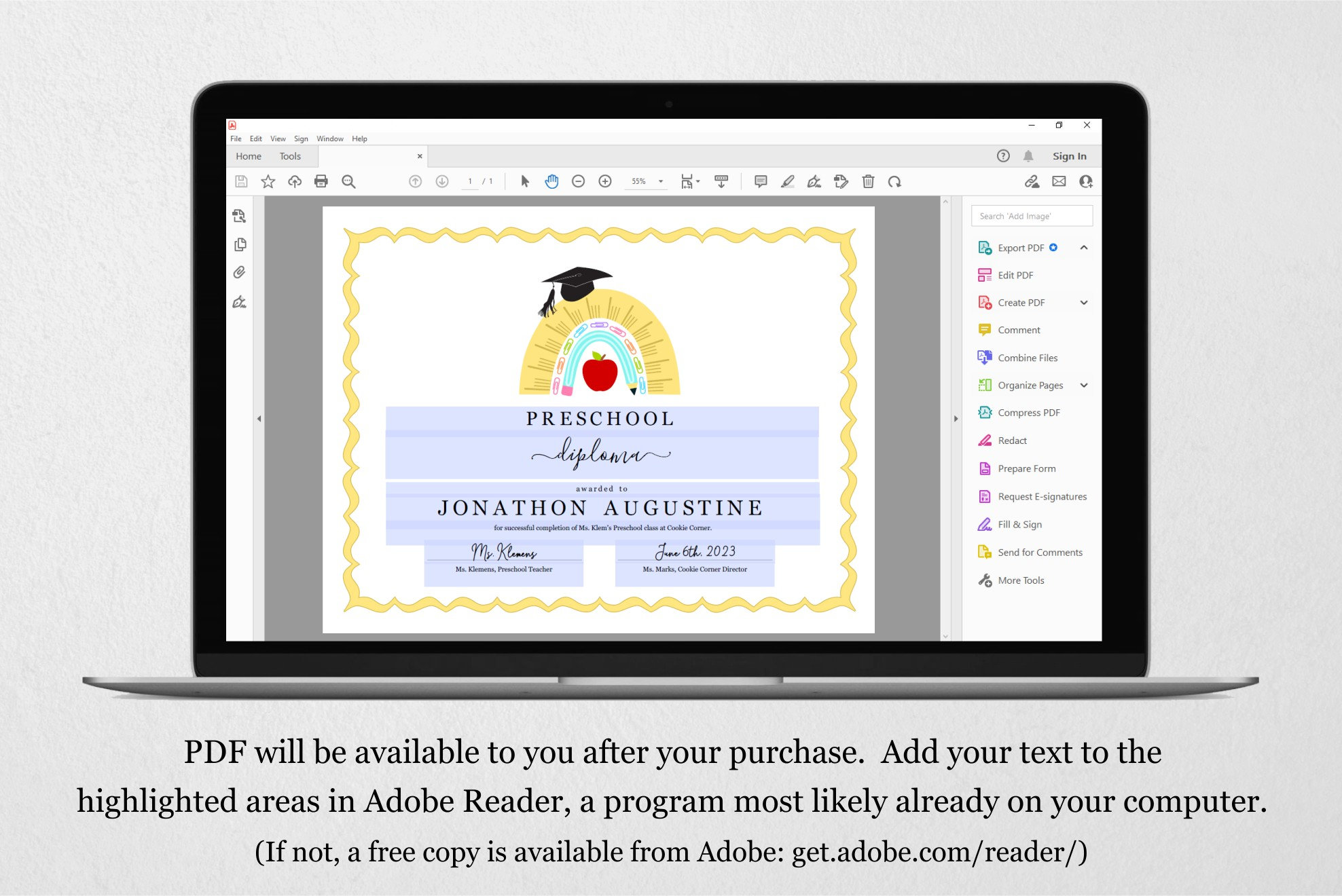 Preschool Kindergarten Diploma Template, NO CUTTING, Printable ...