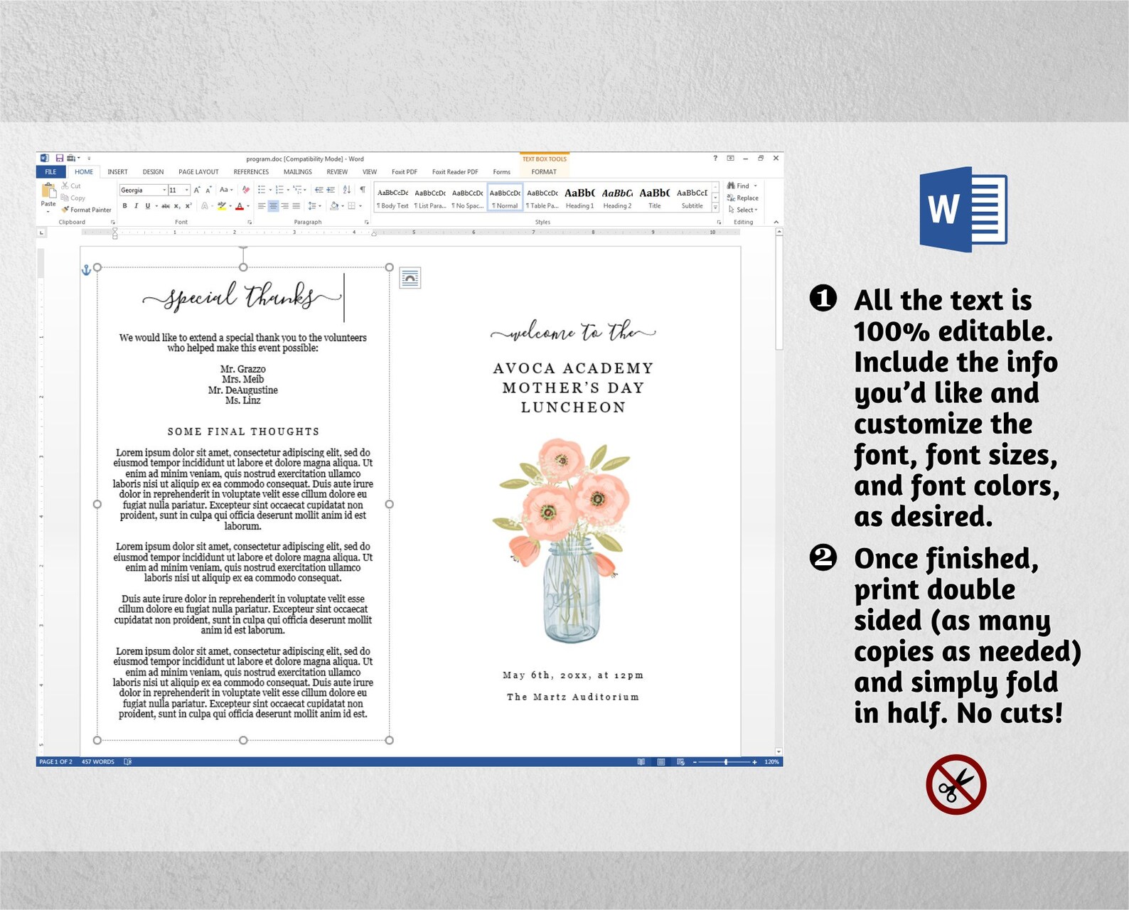 Mother's Day Program Template, Printable Pamphlet, Editable Word Doc ...