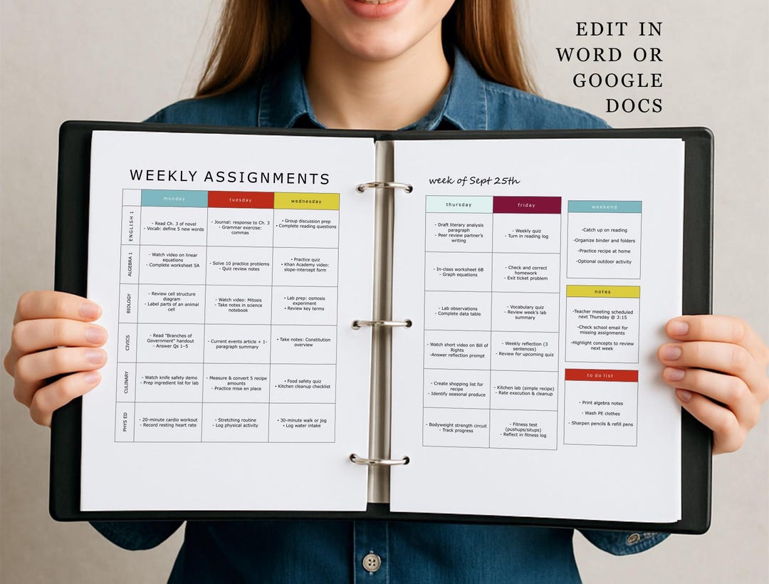 Editable Weekly Assignment Tracker, Printable 2 Page Template ...