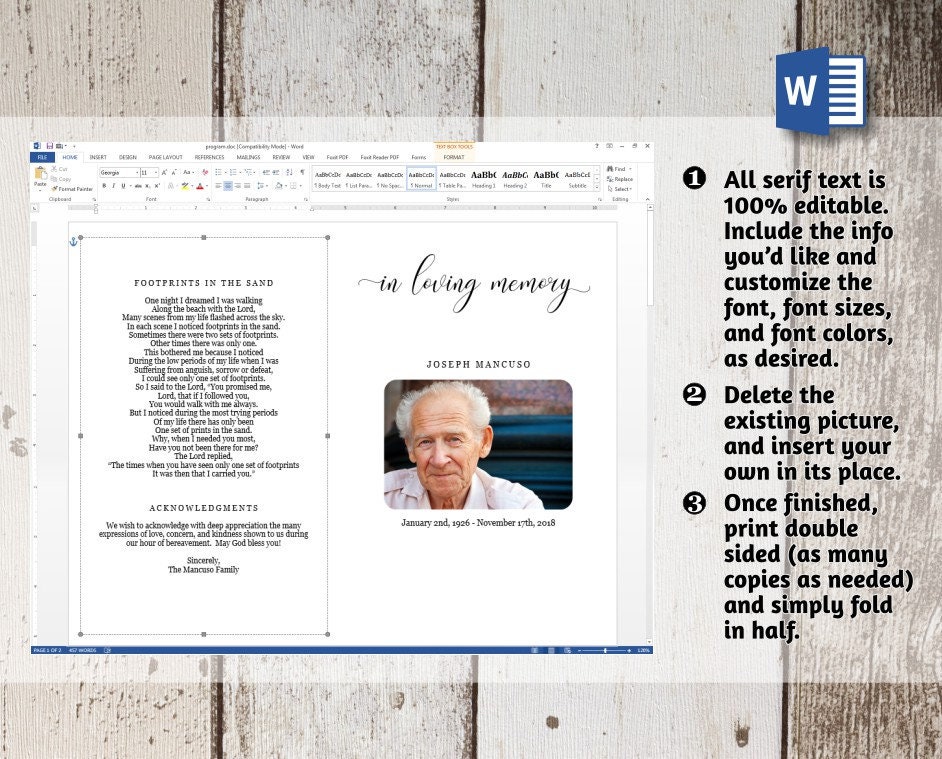 Funeral Program Template - Printable Memorial Service Pamphlet - Order ...