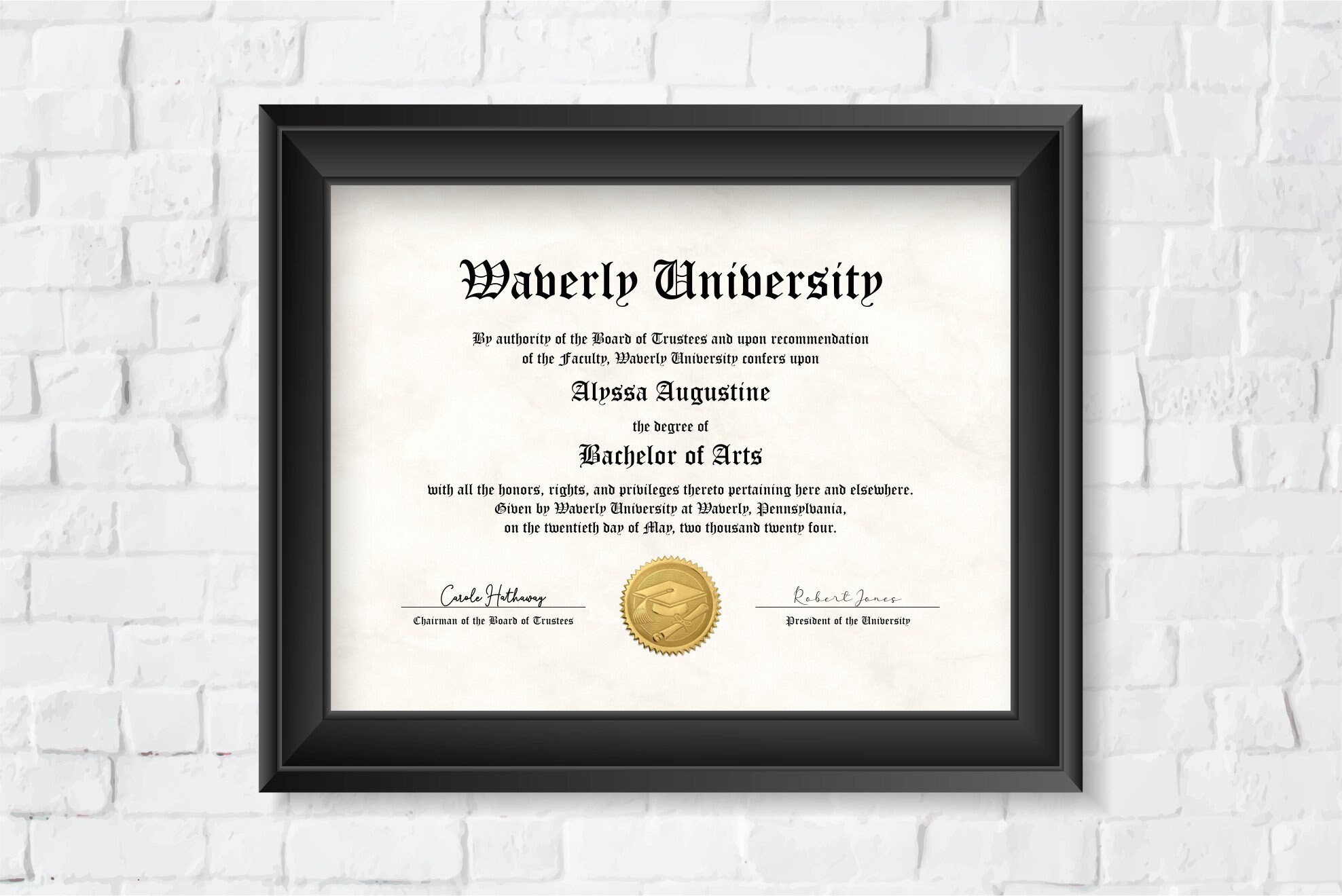 Fake College Diploma with Gold Seal, Printable Customized University ...
