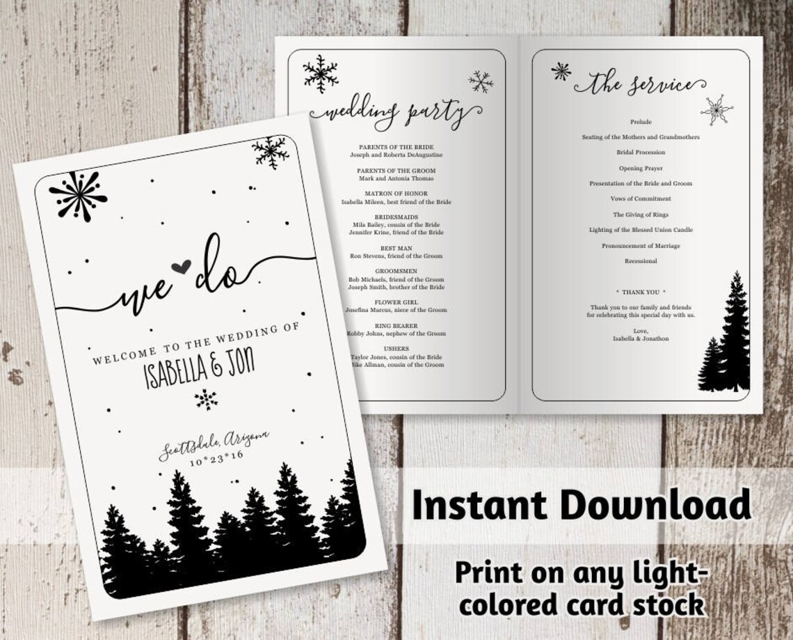 Printable Winter Wedding Program Template Folded Program - Etsy