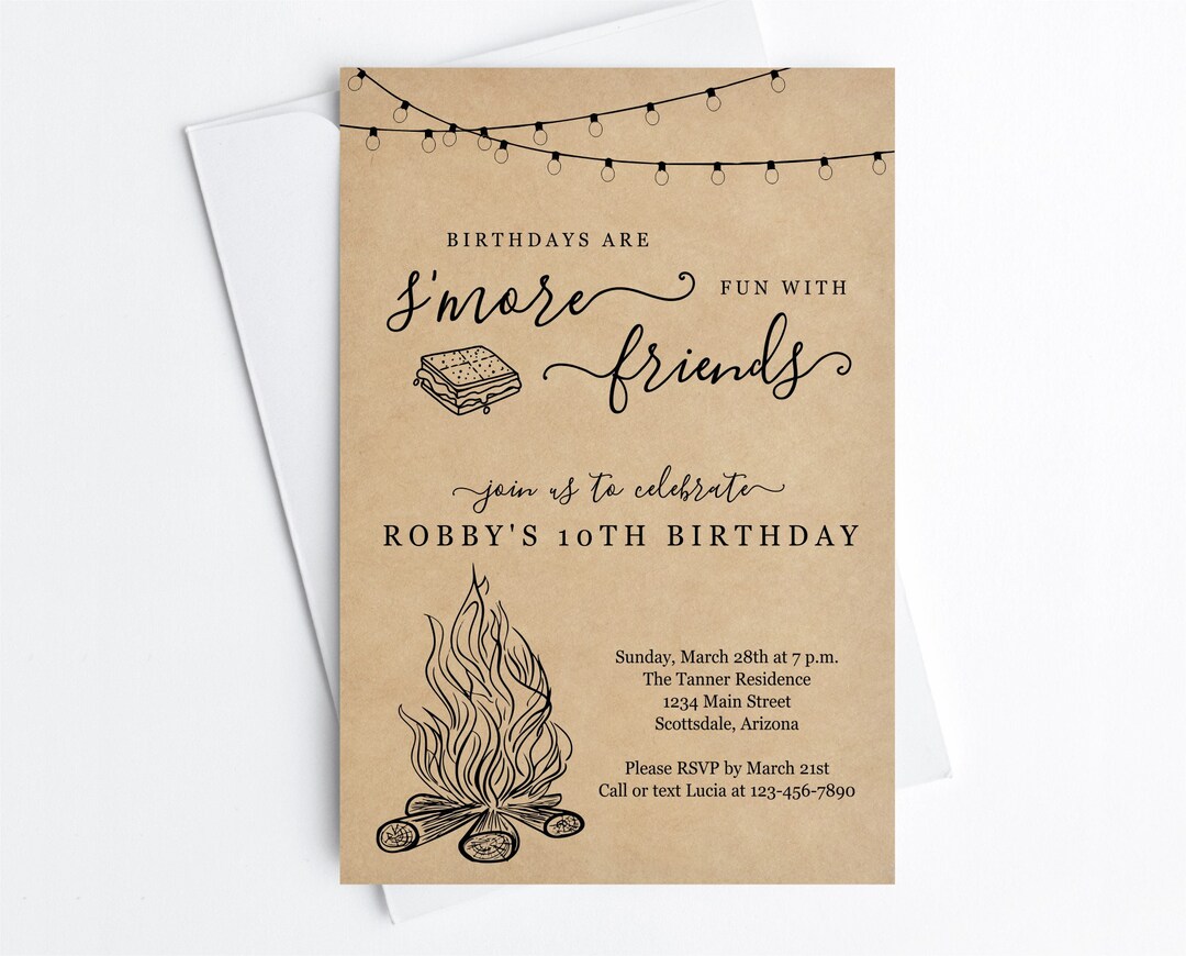 Smore Birthday Party Invitation Template, Boy Girl Backyard Bonfire ...