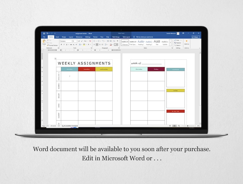 Editable Weekly Assignment Tracker, Printable 2 Page Template ...