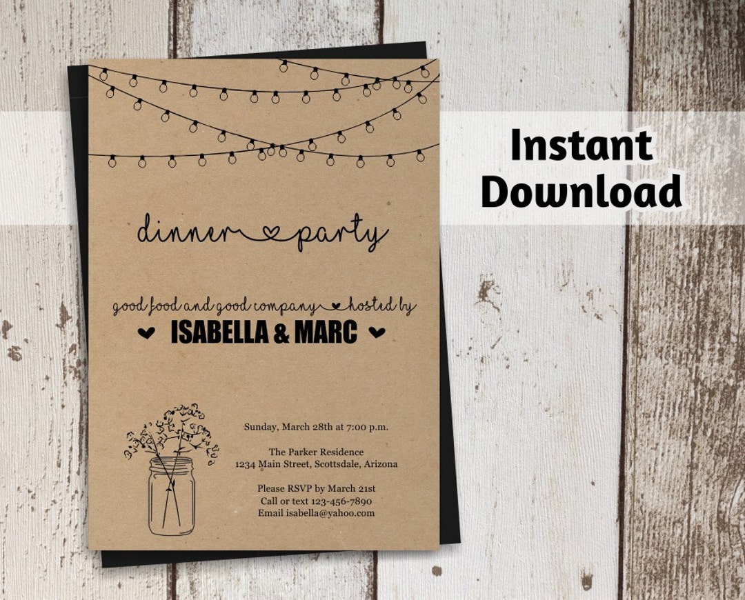 Dinner Party Invitation - Printable Template - Rustic Mason Jar - Kraft ...