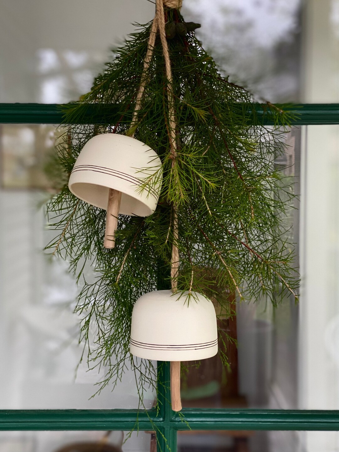 Ceramic Bell With Carved Wood Clapper, White Stripy Pottery Clay Bell ...