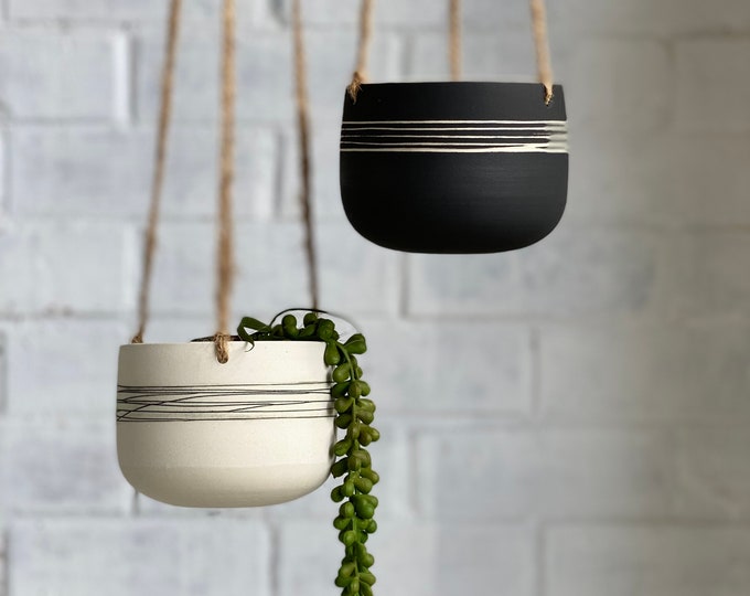 Ceramic Hanging Planter, Handmade Pottery Hanging Plant Holder, Black ...