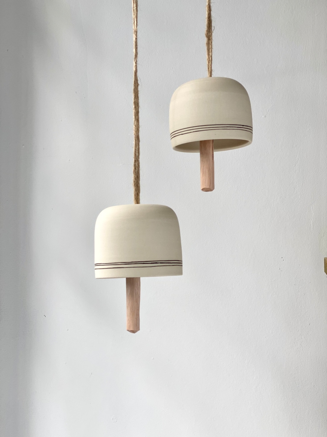 Ceramic Bell With Carved Wood Clapper, White Stripy Pottery Clay Bell ...
