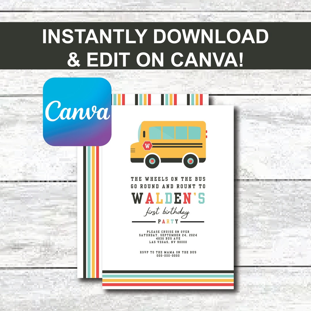 Wheels on the Bus Birthday Invite || Canva Invite || Bus Party ...