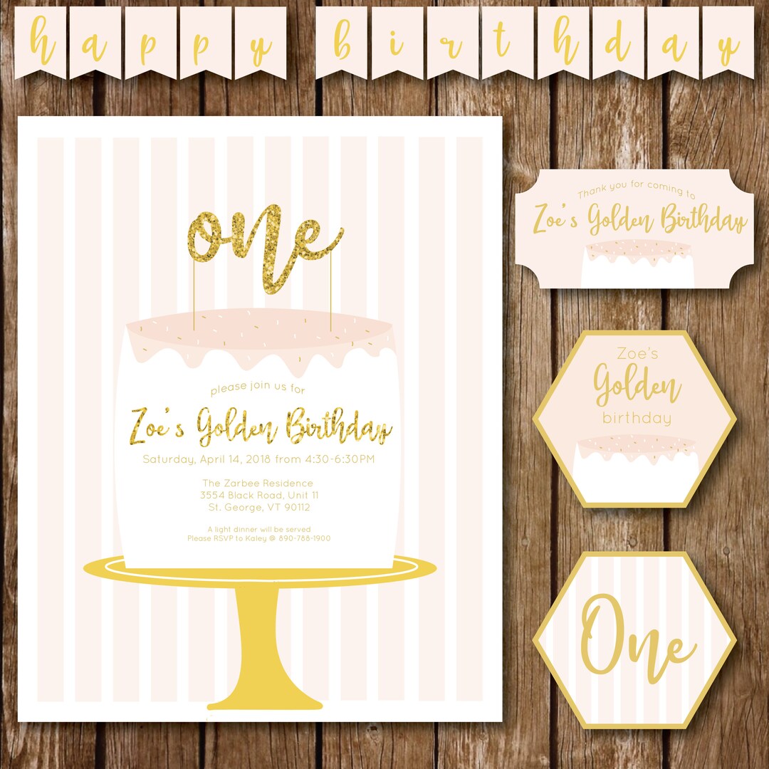 Golden Birthday Invite || Cake Invite || Pink & Gold Birthday - Etsy
