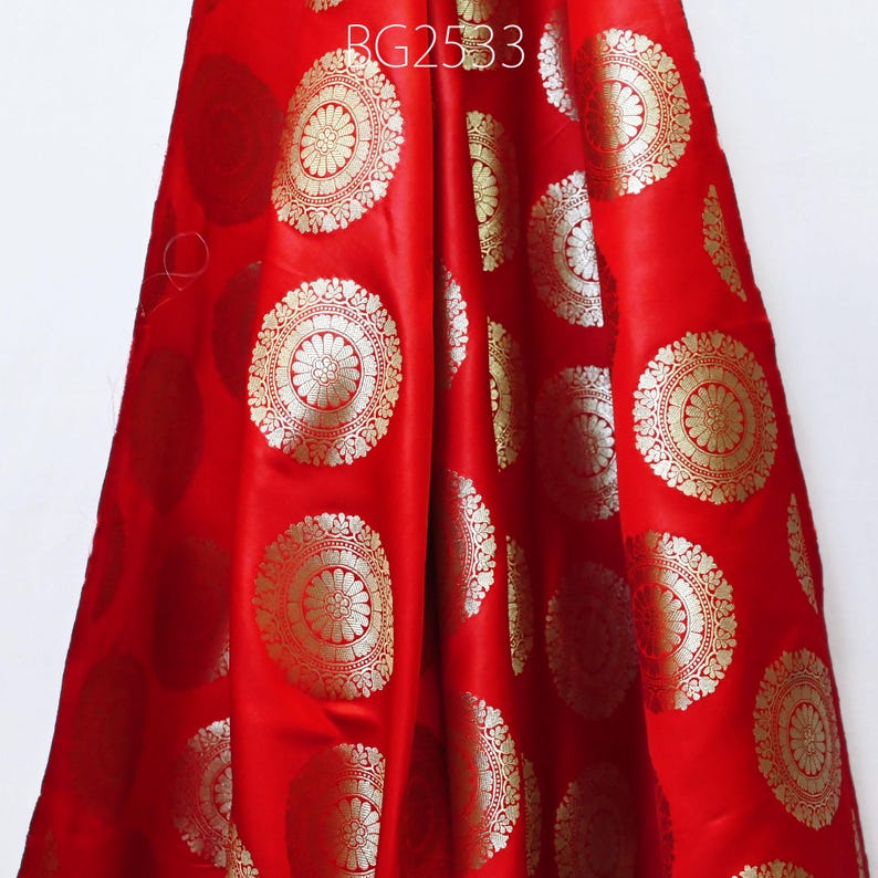 Red Brocade Fabric by the Yard Blended Indian Wedding Dresses Varanasi ...