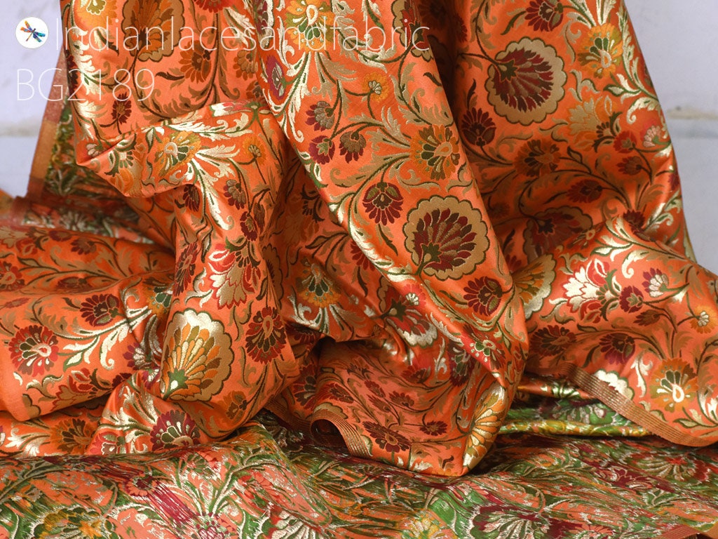 Indian Orange Brocade Fabric by the Yard Banarasi Dress - Etsy